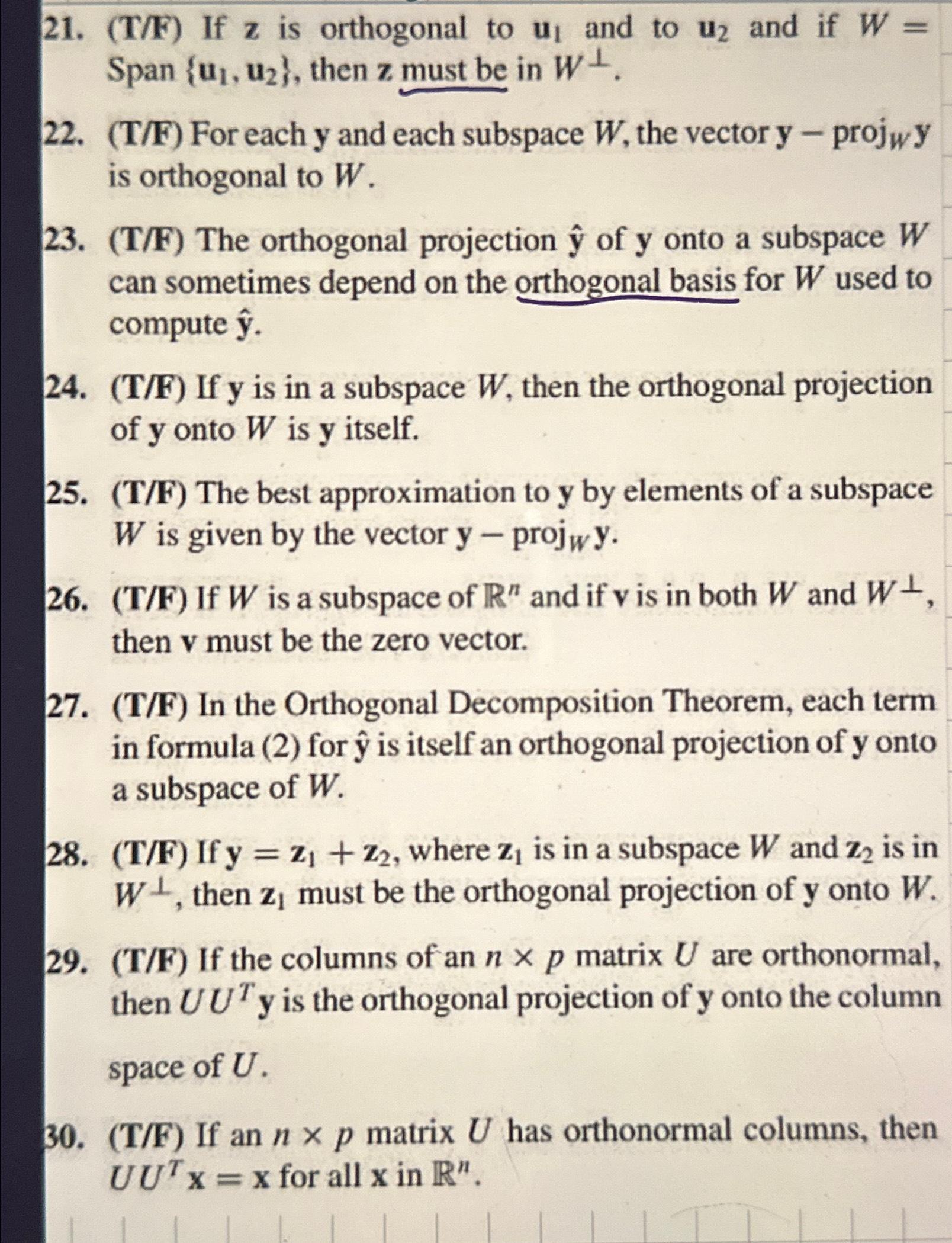 Solved (T/F) ﻿If z ﻿is orthogonal to u1 ﻿and to u2 ﻿and if | Chegg.com