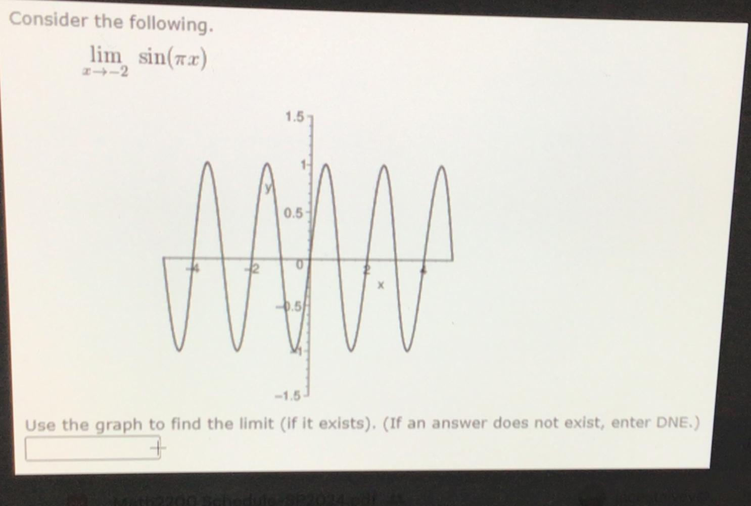 Solved Consider the following.limx→-2sin(πx)Use the graph to | Chegg.com