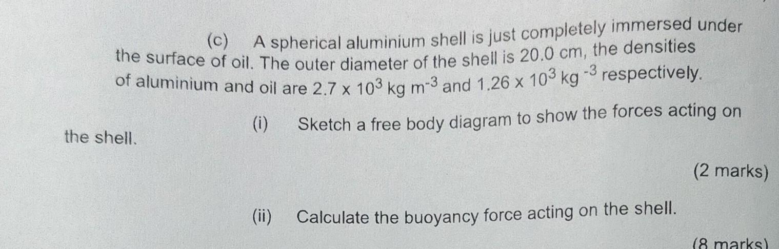 Solved (c) A spherical aluminium shell is just completely | Chegg.com