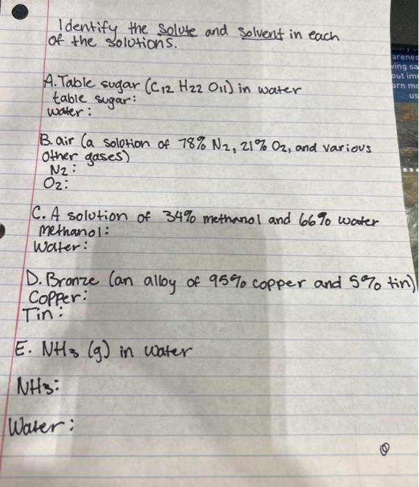 Solved Identify the solute and solvent in each of the | Chegg.com