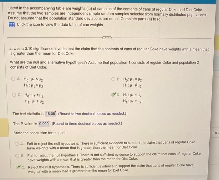 Solved Listed in the accompanying table are weights (lb) of | Chegg.com