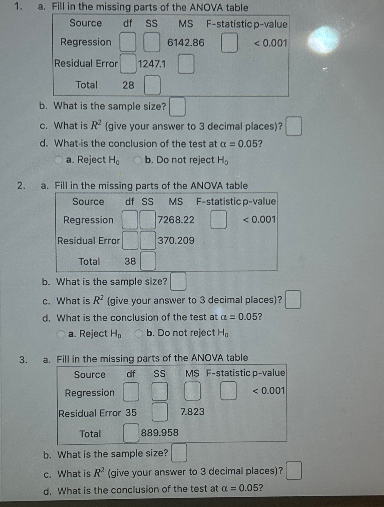 Solved a. ﻿Fill in the missing parts of the ANOVA | Chegg.com