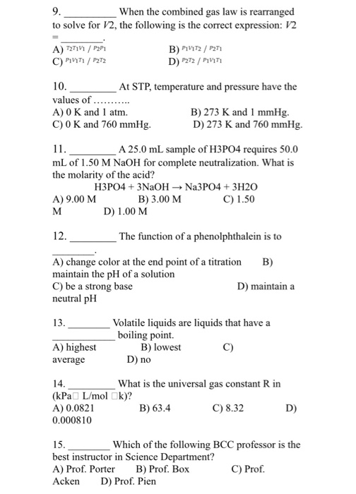 Solved 9. When the combined gas law is rearranged to solve | Chegg.com