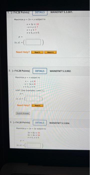 Solved Maximize p=2x+y subject to x+2y≤10 −x+y≤7 x+y≤7 | Chegg.com