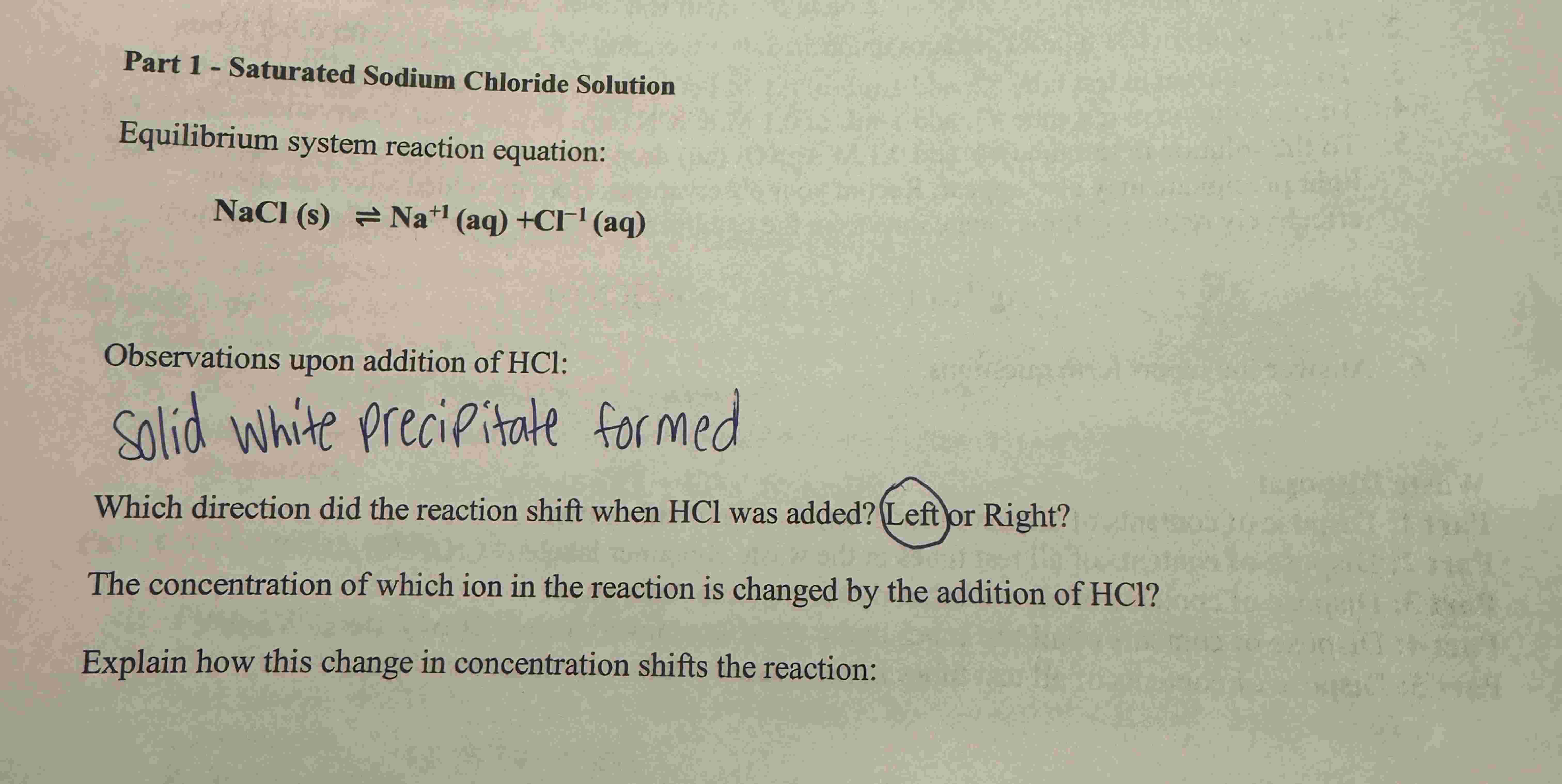 Solved Part 1 - ﻿Saturated Sodium Chloride Solution | Chegg.com
