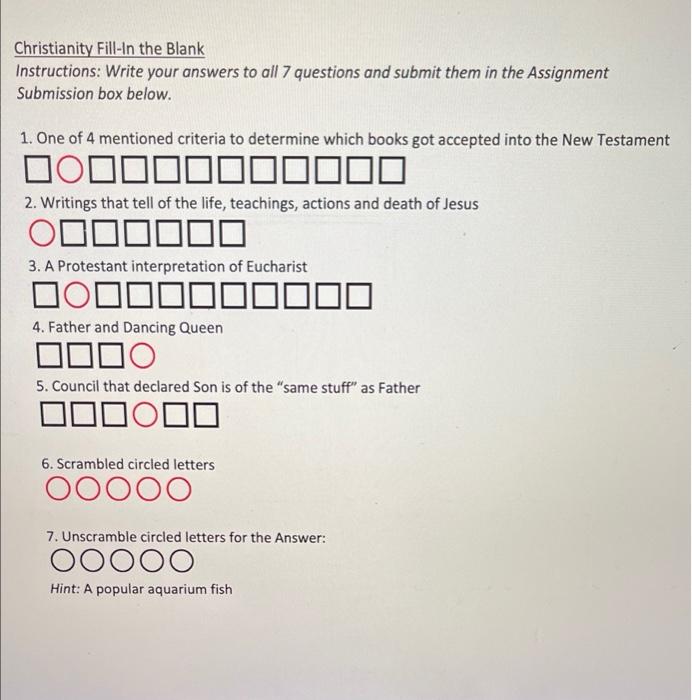 Christianity Fill-In the Blank Instructions: Write | Chegg.com