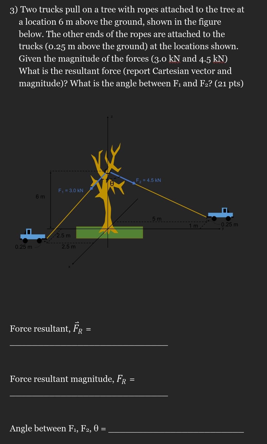 Solved 3) Two trucks pull on a tree with ropes attached to | Chegg.com