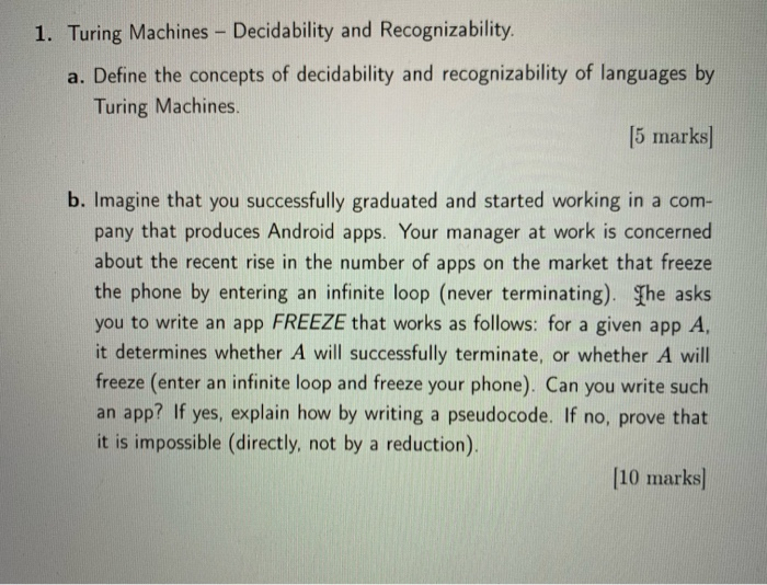 Solved 1. Turing Machines - Decidability and Recognizability | Chegg.com
