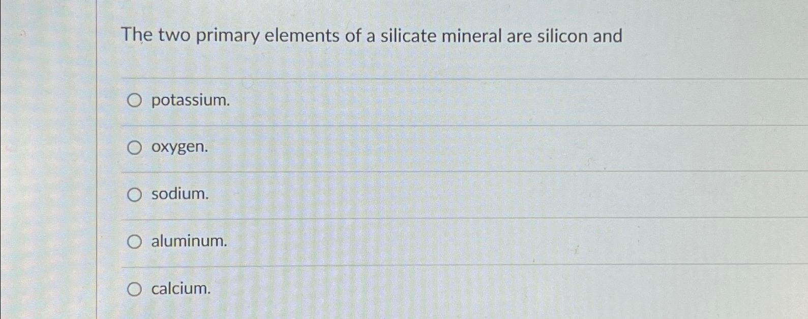 Solved The two primary elements of a silicate mineral are | Chegg.com