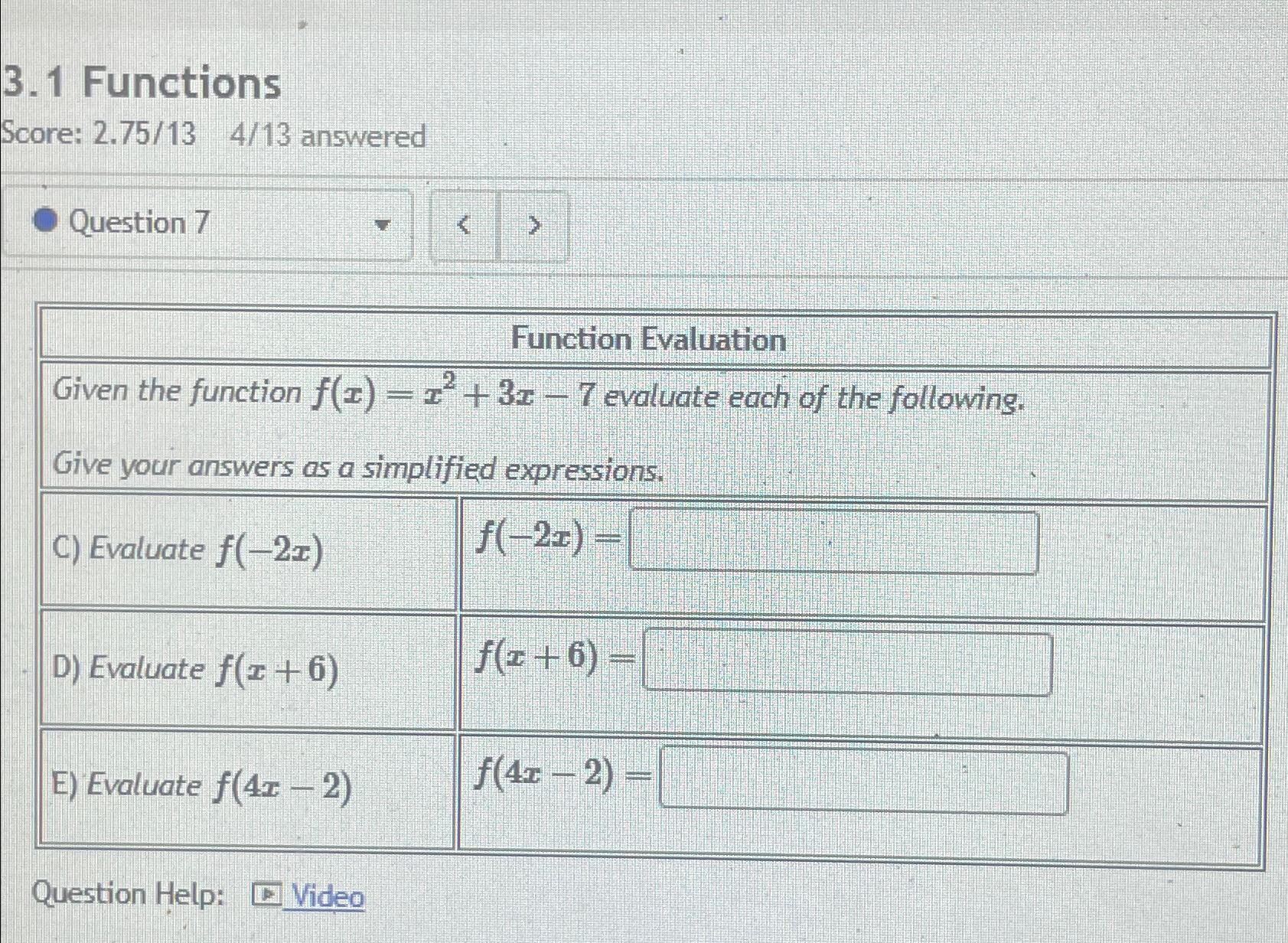 Solved 3.1 ﻿FunctionsScore: 2.7513,413 ﻿answeredQuestion | Chegg.com