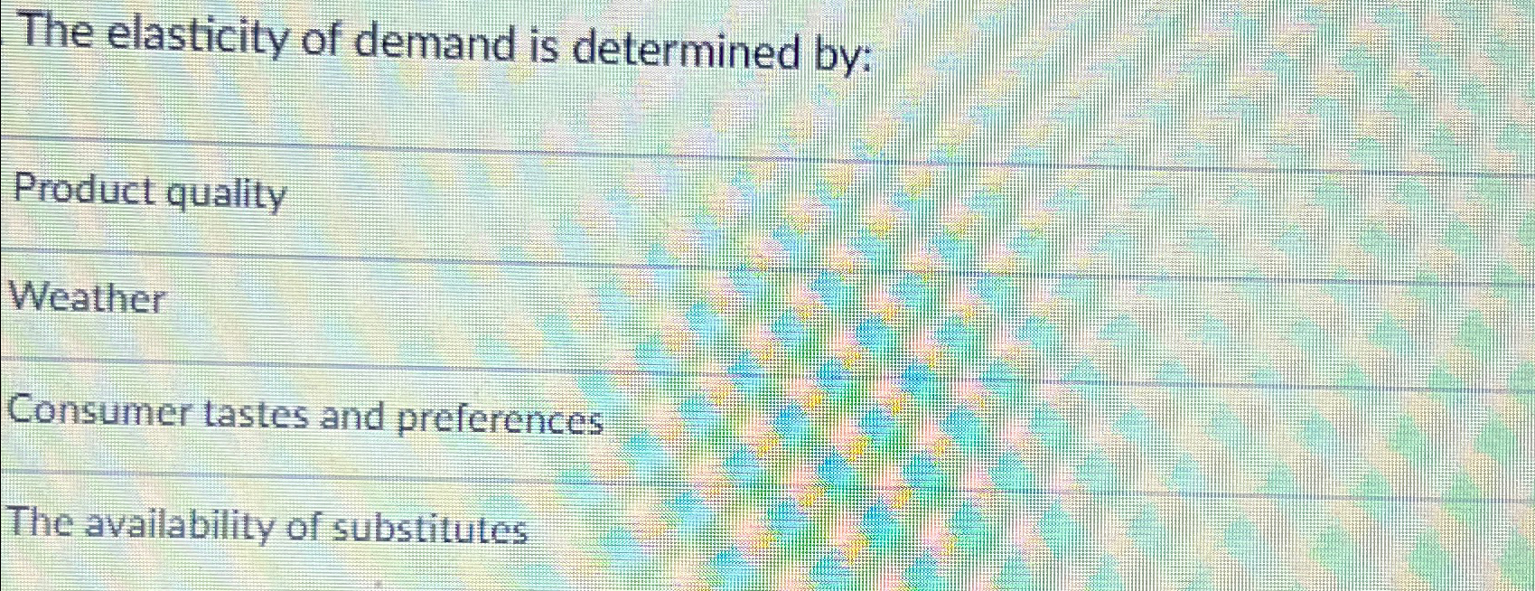 Solved The elasticity of demand is determined by:Product | Chegg.com