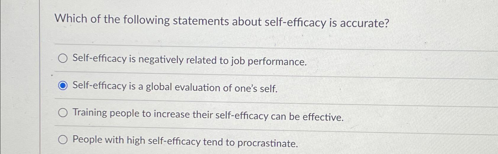 Solved Which of the following statements about self-efficacy | Chegg.com
