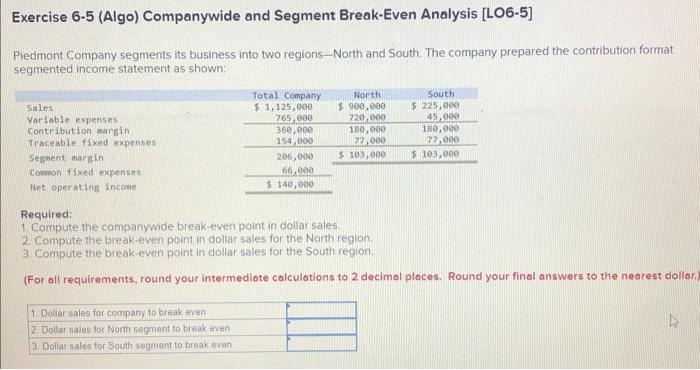 Solved Exercise 6-5 (Algo) Companywide and Segment | Chegg.com
