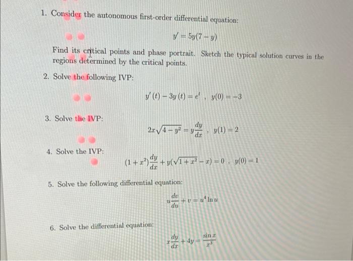 Solved 1. Consider the autonomous first-order differential | Chegg.com