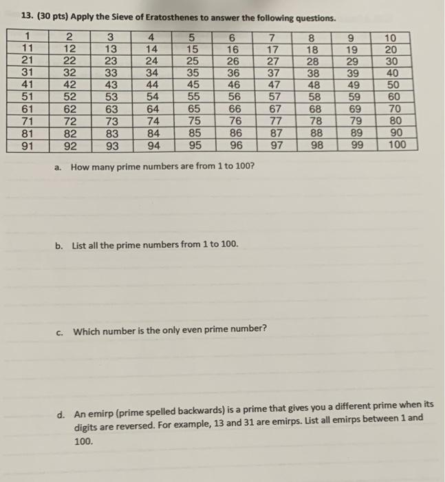 Solved 13. (30 pts) Apply the Sieve of Eratosthenes to | Chegg.com