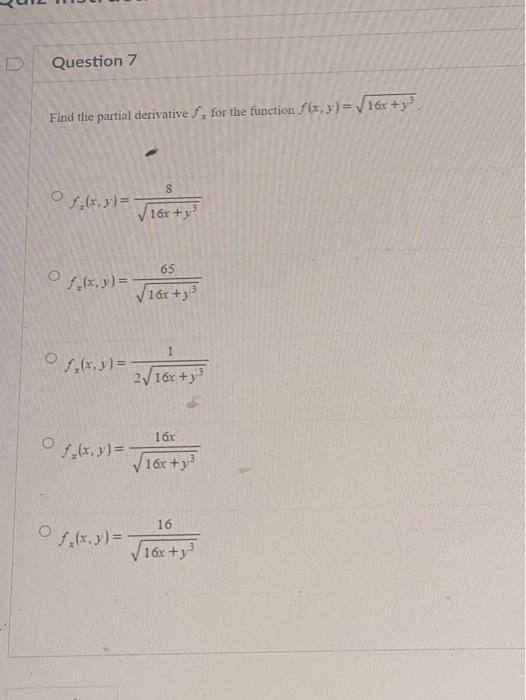 Solved Find the partial derivative fx for the function | Chegg.com
