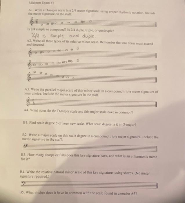 Midterm Exammusic major #1 Al. Write a D-major scale | Chegg.com