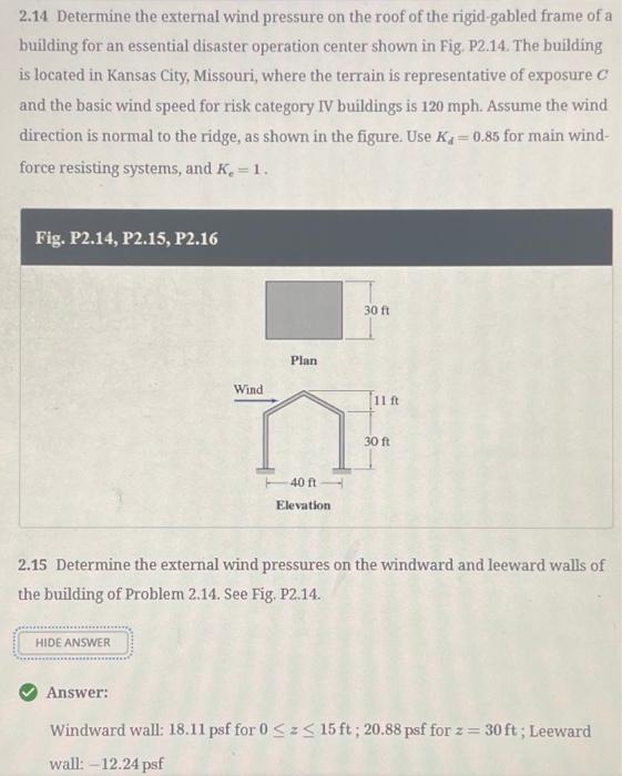 Solved 2.14 Determine the external wind pressure on the roof | Chegg.com