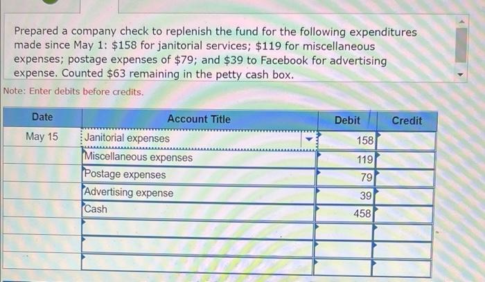 Solved Prepared a company check to replenish the fund for | Chegg.com