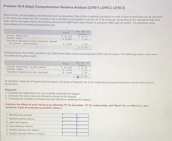 Solved Problem 10-9 (Algo) Comprehensive Variance Analysis | Chegg.com