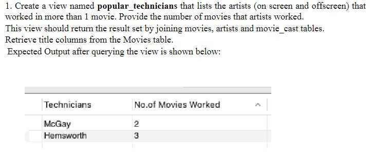 Solved Create a view named popular_technicians that lists | Chegg.com