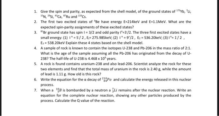 Solved 1. Give the spin and parity, as expected from the | Chegg.com