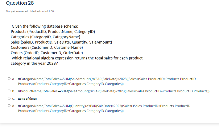 Solved Given the following database schema:Products | Chegg.com