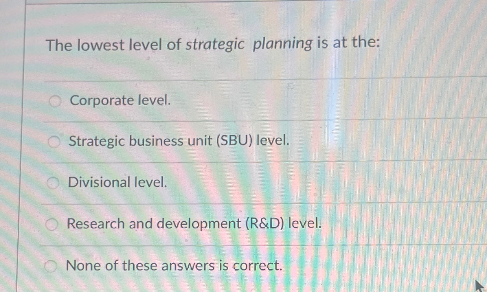 Solved The lowest level of strategic planning is at | Chegg.com