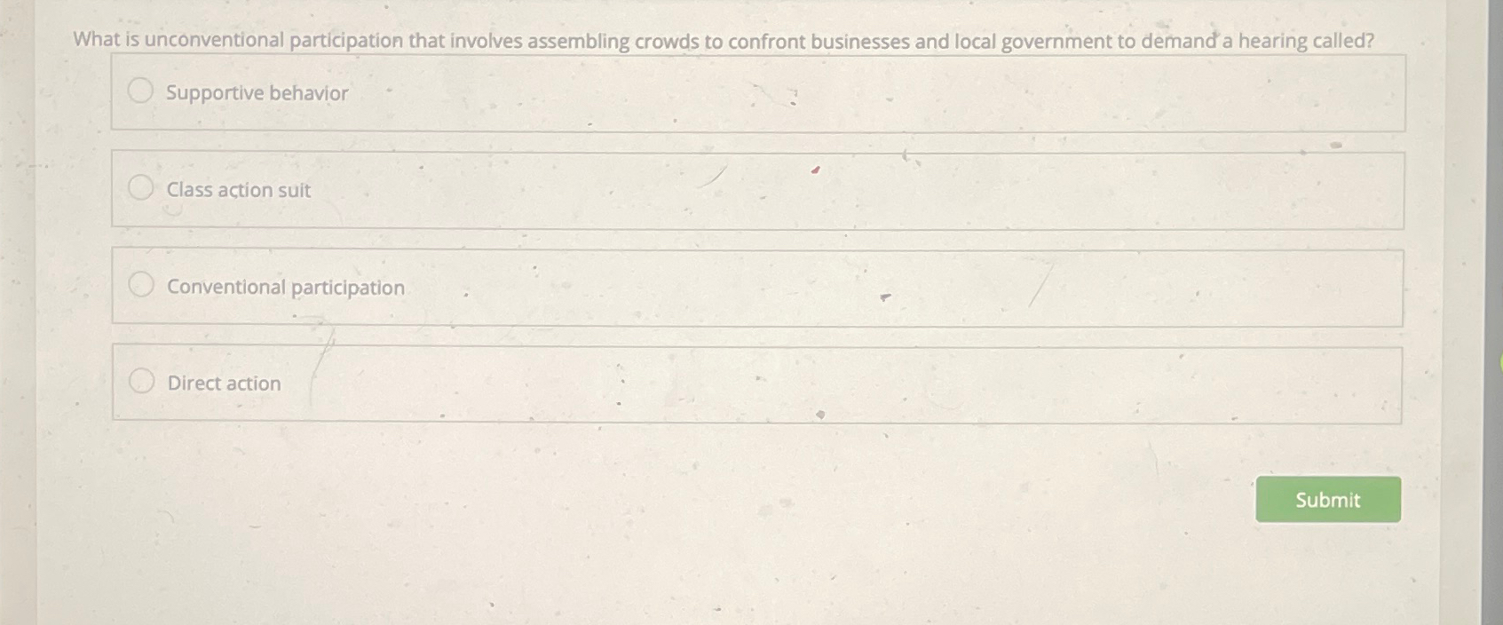 Solved What is unconventional participation that involves | Chegg.com