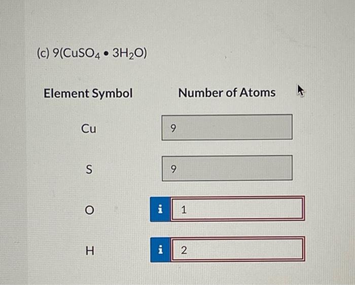 Solved (c) 9(CuSO4∙3H2O) Element Symbol Number of Atoms Cu S | Chegg.com