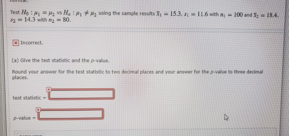 Solved Test H, : #1 = H2 vs HQ : H1 € Hy using the sample | Chegg.com