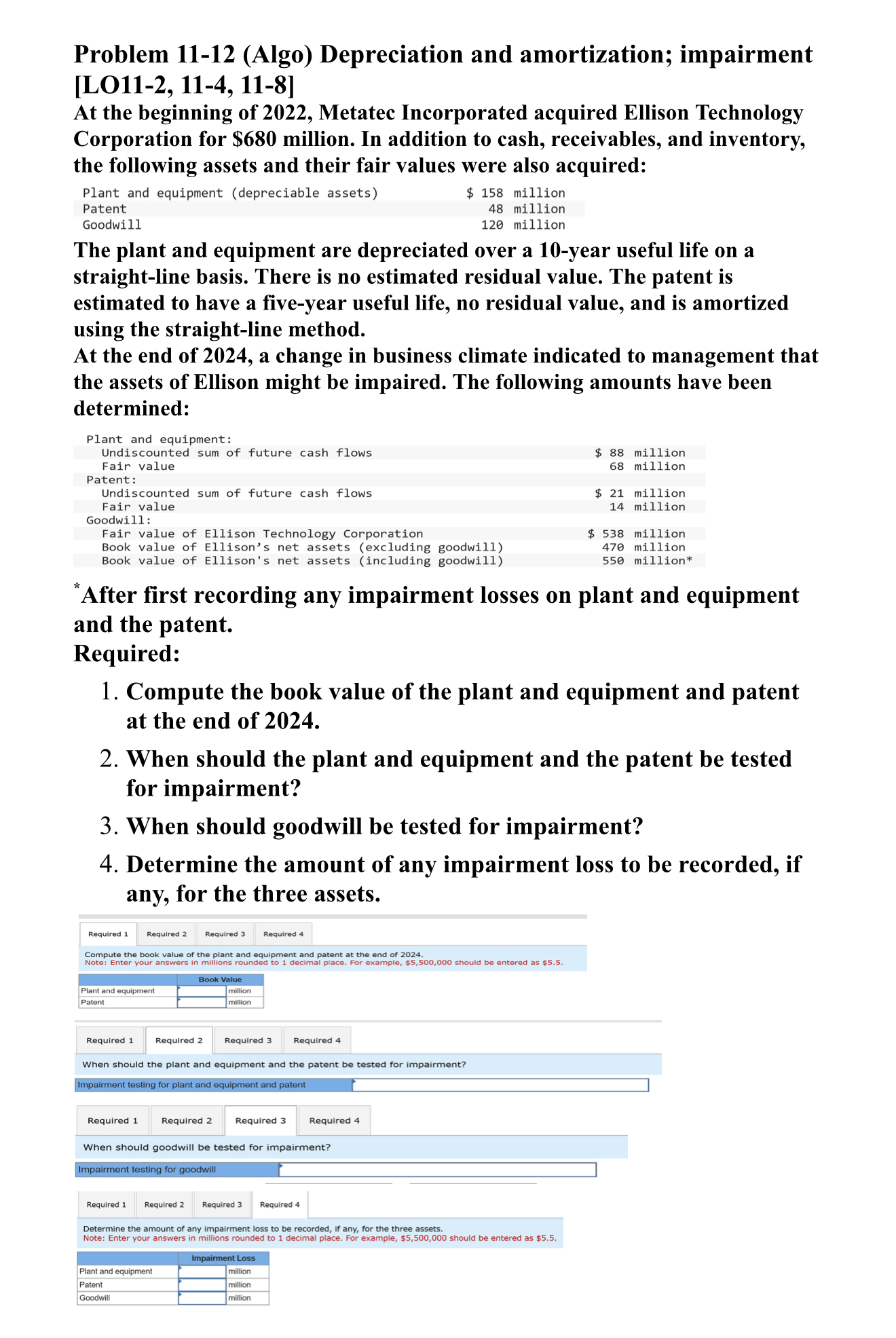 Solved Problem 11-12 (Algo) ﻿Depreciation and amortization; | Chegg.com