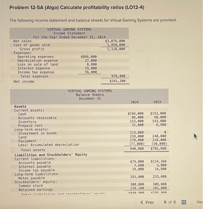 Solved Problem 12-5A (Algo) Calculate profitability ratios | Chegg.com