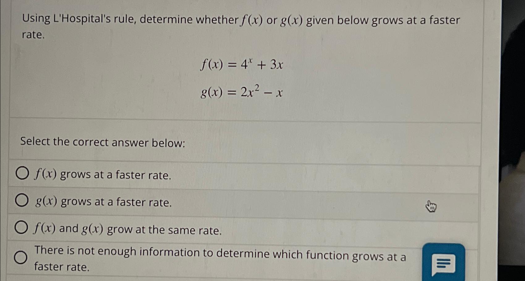 Solved Using L'Hospital's rule, determine whether f(x) ﻿or | Chegg.com