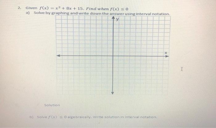 Solved 2. Given f(x) = x2 + 8x + 15. Find when /(x) SO a) | Chegg.com