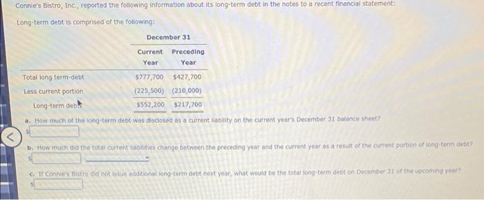 Solved Connie's Bistro, Inc., reported the following | Chegg.com