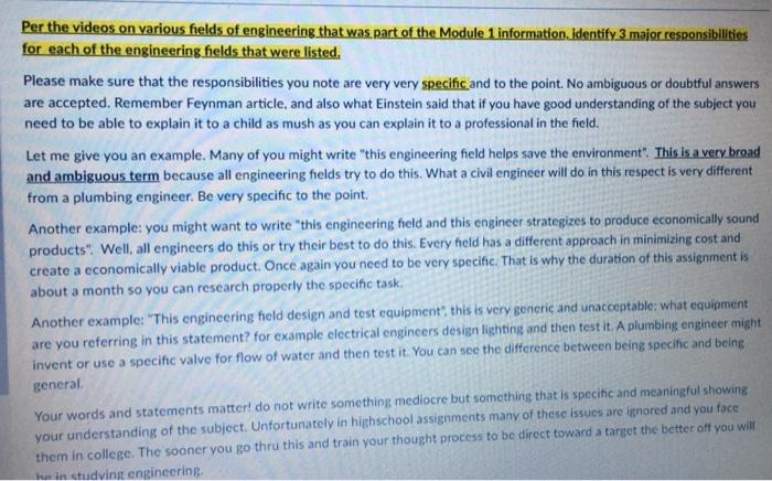 Solved Per the videos on various fields of engineering that | Chegg.com