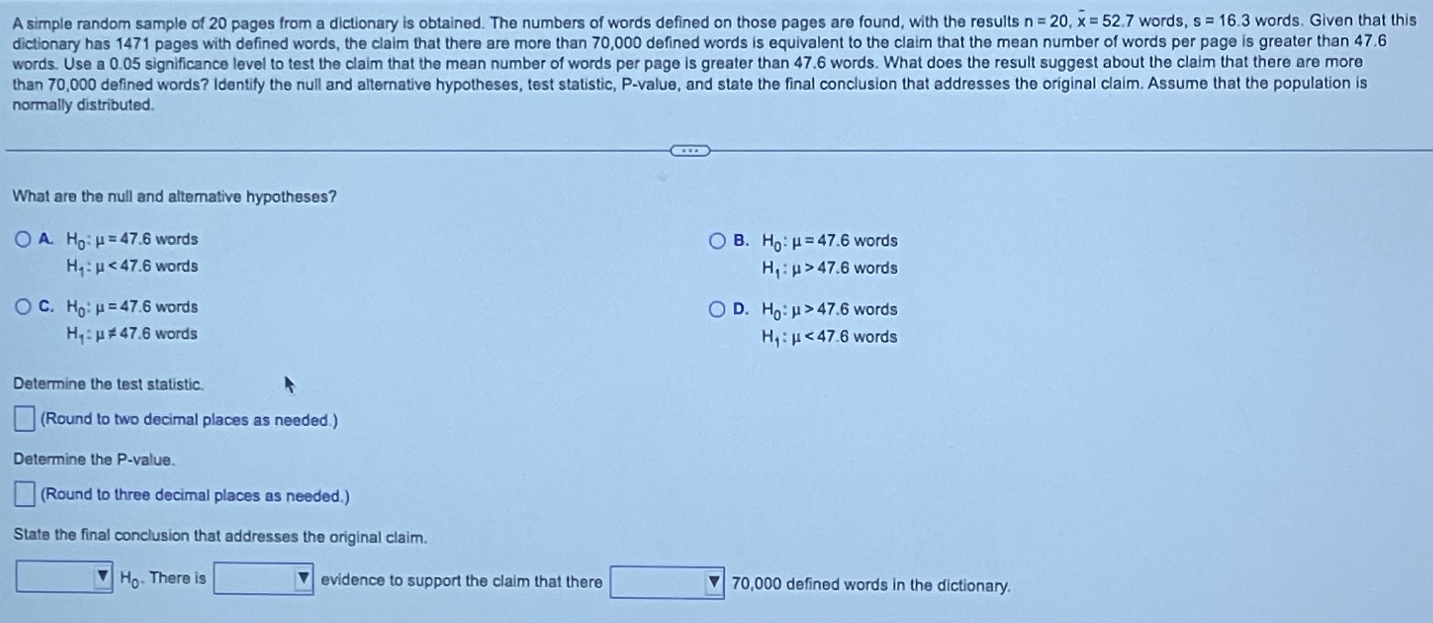 Solved A simple random sample of 20 ﻿pages from a dictionary | Chegg.com
