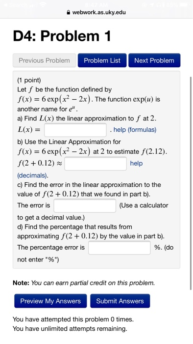 Solved webwork.as.uky.edu D4: Problem 1 Previous Problem | Chegg.com