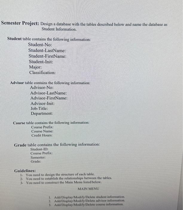 Solved Semester Project: Design a database with the tables | Chegg.com