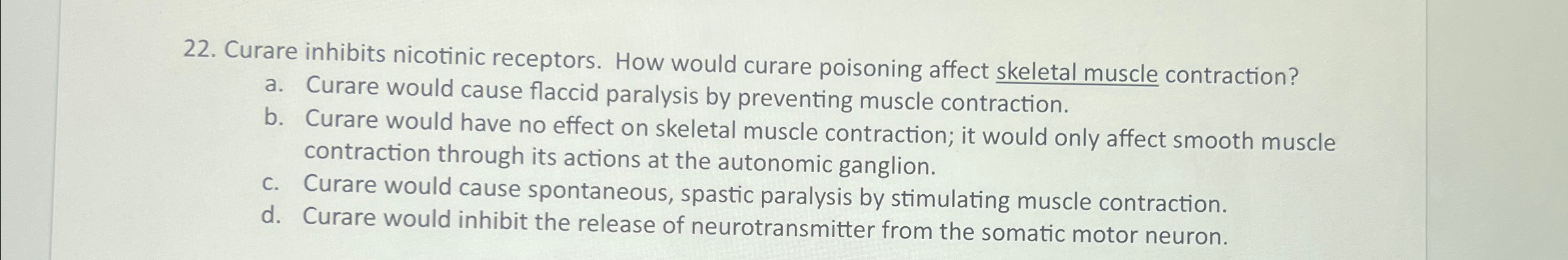 Solved Curare inhibits nicotinic receptors. How would curare | Chegg.com
