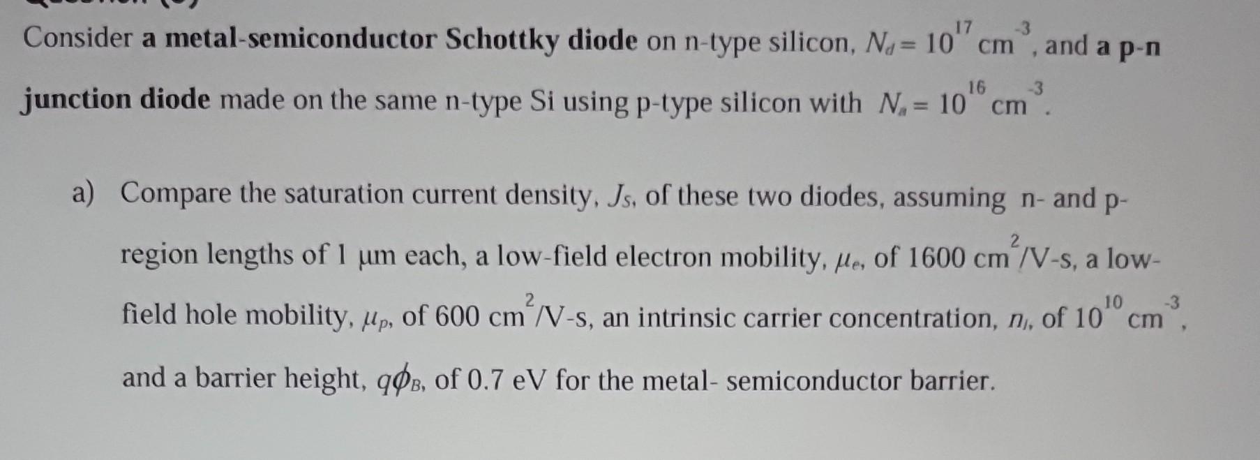 Solved Consider a metal-semiconductor Schottky diode on | Chegg.com