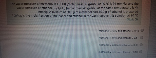 Solved The vapor pressure of methanol (CH3OH) [Molar mass 32 | Chegg.com