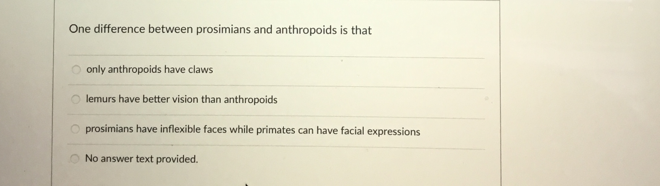 Solved One difference between prosimians and anthropoids is | Chegg.com