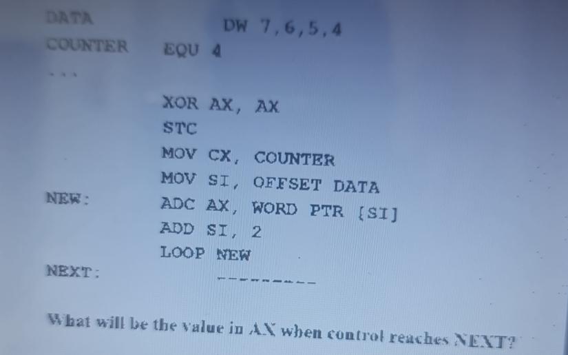 Solved DATACOUNTER EQU 4 ﻿DW 7,6,5,4XOR AX, ﻿AXSTCMOV CX, | Chegg.com