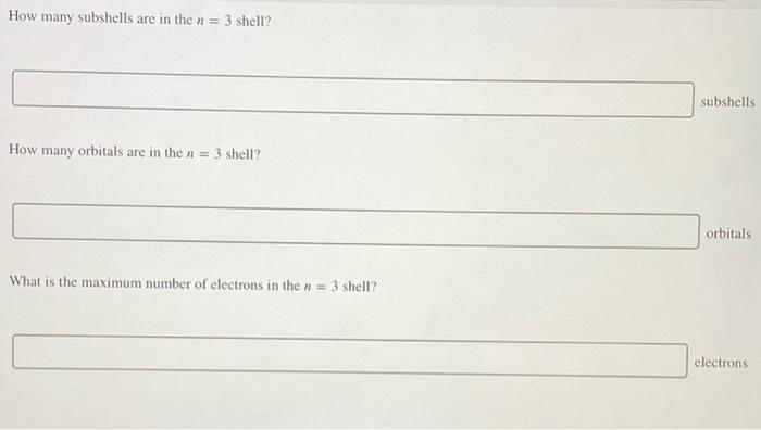 Solved How many subshells are in the n = 3 shell? subshells | Chegg.com