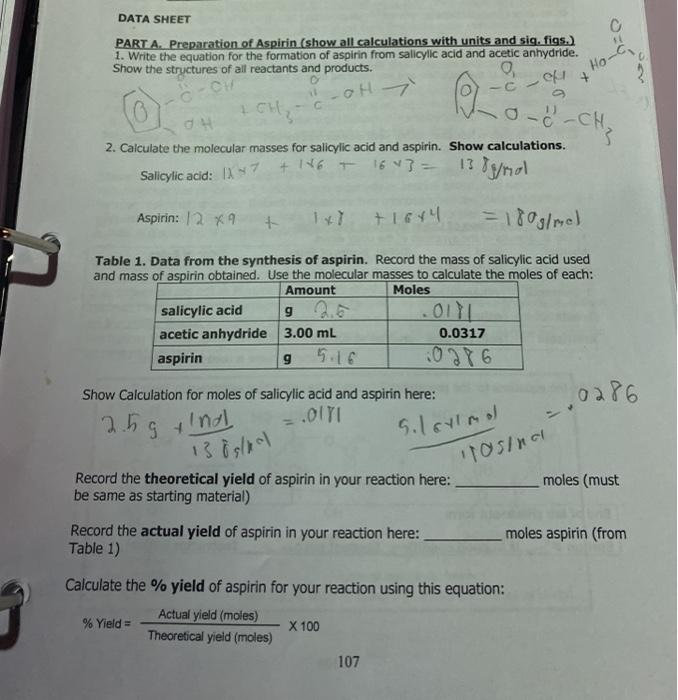 Solved DATA SHEET C PART A. Preparation of Aspirin (show all | Chegg.com