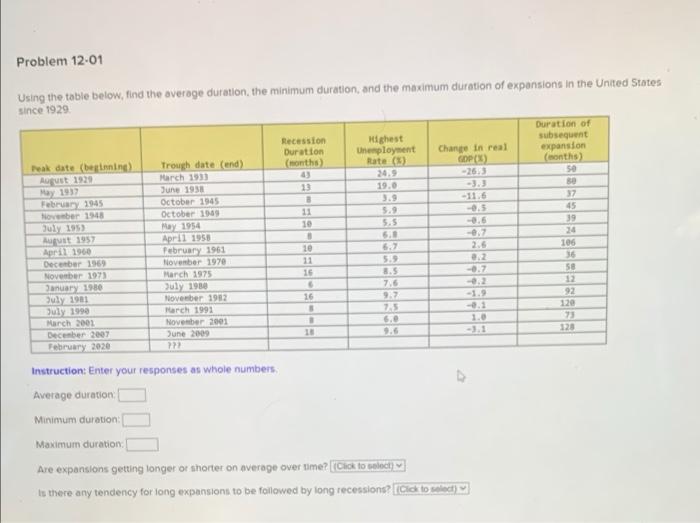 Solved Problem 12-01 Using the table below, find the average | Chegg.com