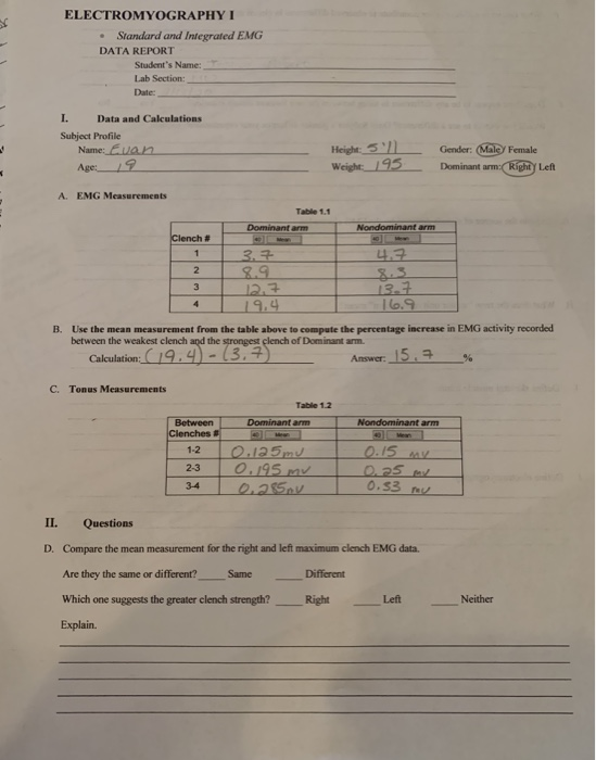 Solved ELECTROMYOGRAPHY • Standard and Integrated EMG DATA | Chegg.com