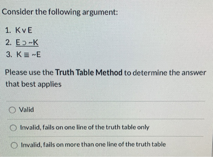 Solved Consider the following argument: 1. KvE 2. Eɔ -K 3. | Chegg.com